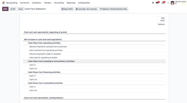 Odoo ERP and Cash Flow Statement